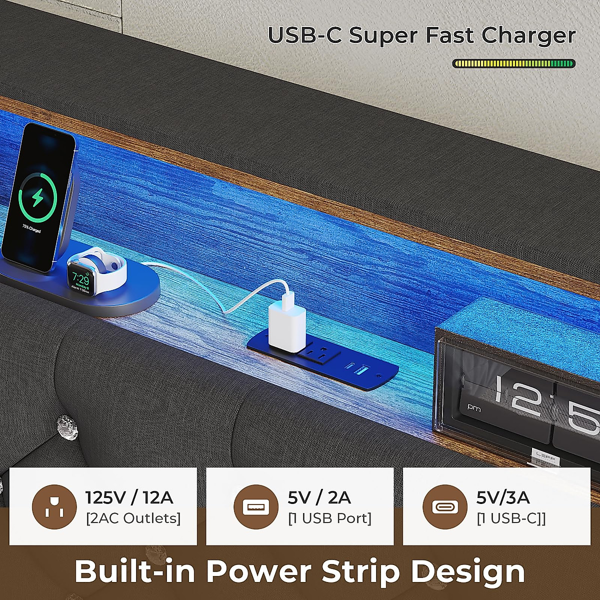 ADORNEVE Queen Floating Bed Frame with Storage Headboard and RGB LED Lights, Linen Upholstered Platform Floating Bed with USB-C/A Charging Station,Innovative Stable Structure,Dark Gray