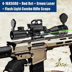 UUQ 4-16X50 AO Rifle Scope Red/Green Illuminated Range Finder Reticle W/Green Laser - Holographic Reflex Red Dot Sight - 5 Brightness Modes Flashlight (4-16X50 AO)