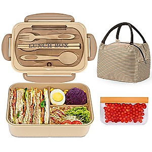 NatraProw Bento Box Adult Lunch Box with Bag, Lunch Containers for Adults, Leakproof Lunch Box for Adult, BPA Free, 3 Compartment Bento Box Microwave safe, Lunch Bag with Containers Included, Khaki