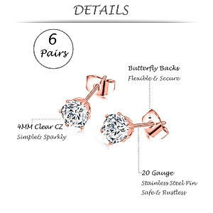 Tornito 6 Pairs Stainless Steel Stud Earrings CZ Ball Earring Set For Men Women 4MM/6MM/8MM Silver Rose Gold Tone