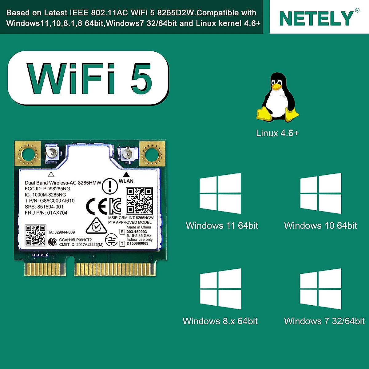 NETELY Wireless-AC 8265HMW 1200Mbps Mini-PCIE Interface WiFi Adapter with Bluetooth 4.2 for Laptop PCs, Intel Wireless-AC 8265D2W, 2.4GHz 300Mbps & 5GHz 867Mbps WiFi Card (Wireless-AC 8265HMW)
