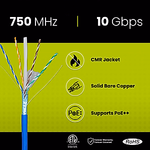 trueCABLE Cat6A Shielded Riser (CMR), 1000ft, Blue, 23AWG Solid Bare Copper, 750MHz, PoE++ (4PPoE), ETL Listed, Overall Aluminum Foil Shield (F/UTP), Bulk Ethernet Cable