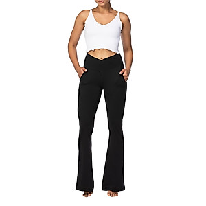 Sunzel Flare Leggings for Women with Pockets, Crossover Yoga Pants with Tummy Control, High Waisted and Wide Leg 32" Midnight Medium