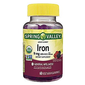 Spring Valley Organic Iron 9 mg, General Wellness, Mixed Berries, 60 Vegetarian Gummies