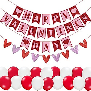 MZ.ogm 40 Pcs Happy Valentines Day Banner for Valentines Day Party Decorations with Valentines Day Balloons and Felt Heart Garland Banner Valentines Day Decorations for The Home