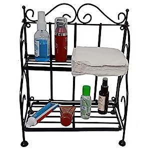 Purpledip Wrought Iron 2-Tier Foldable Table: Countertop Storage Shelf Rack Kitchen Bathroom Storage Organizer (12519)
