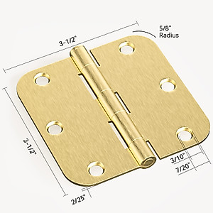 AmzGod Door Hinges Satin Brass - 12 Pack Gold Door Hinges 3.5 Inch Rounded Interior Door Hinges with 5/8" Radius - 3 1/2 Inches Flat Iron Brass Hinges for Residential Standard Doors