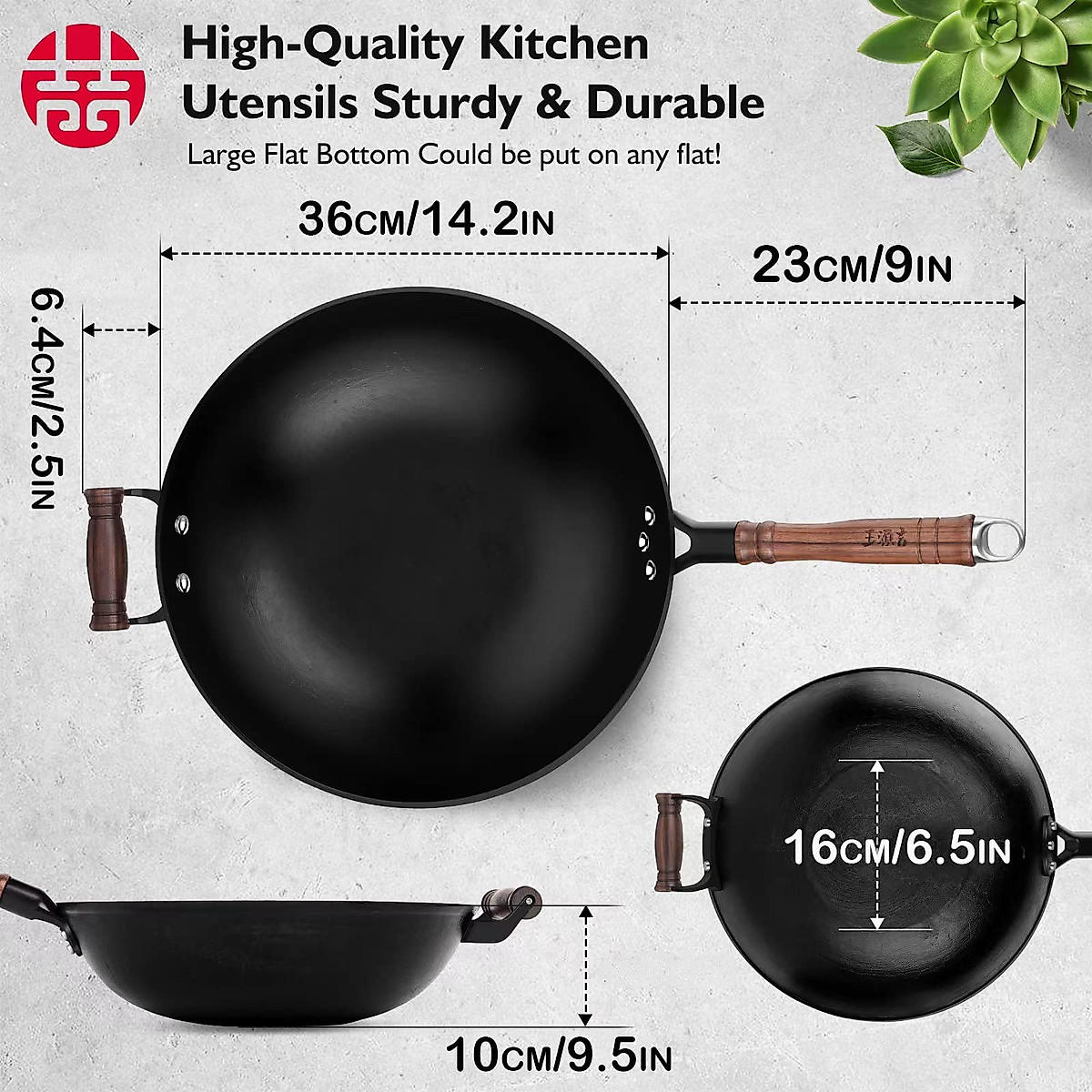 WANGYUANJI Cast Iron Wok Pan 14.2" Large Wok Stir Fry Pan Flat Bottom Wok with Lid and Wood Handle,Suitable for All Cooktops, Uncoated Craft Wok Healthy Cooking Wok-Practical Gift