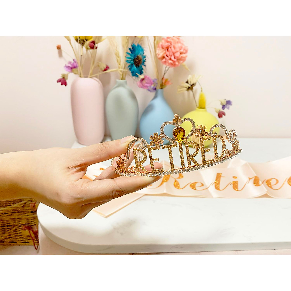 JETKONG Retirement Party Decorations Retired Tiara/Crown, Retired Sash for Women Retirement Gifts, Retirement Party Supplies, Gifts, Favors (Rose Gold)