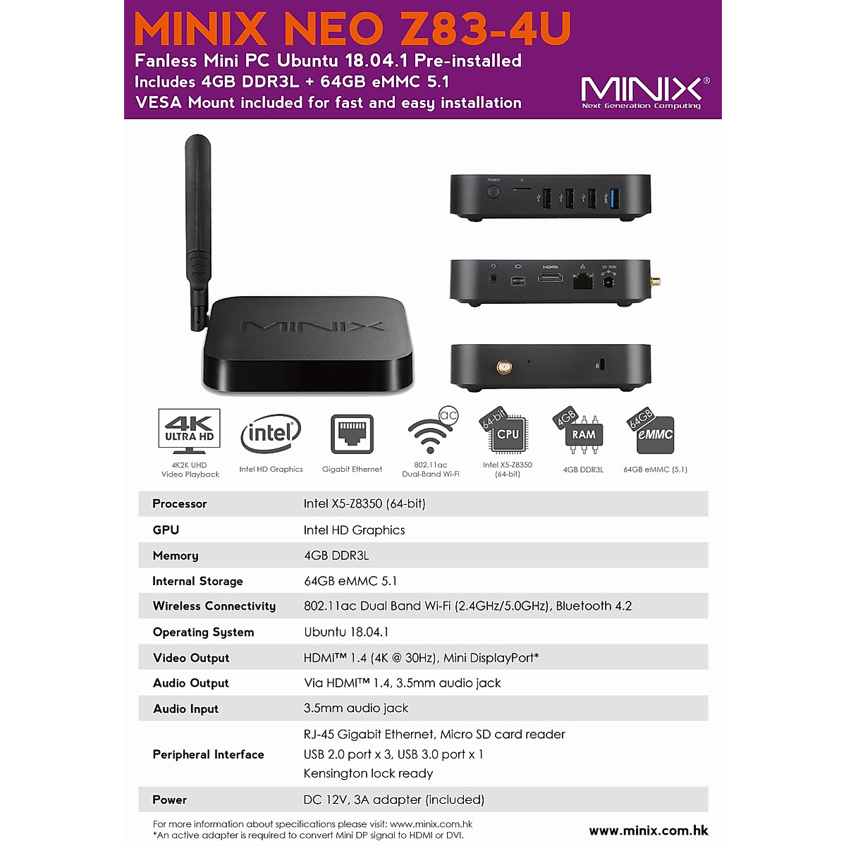 MINIX NEO Z83-4U, Fanless Mini PC Ubuntu 18.04.1 Pre-Installed [4GB/64GB eMMC 5.1/ VESA Mount/Dual-Band Wi-Fi/Gigabit Ethernet/4K/Mini DP/Auto Power On]. Sold Directly Technology Limited.