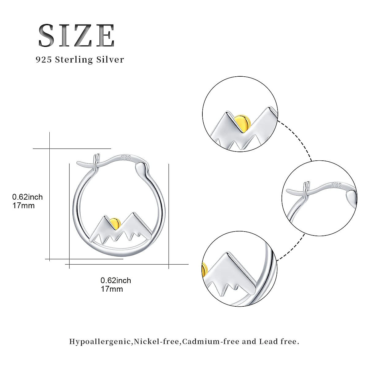 Mountain Earrings 925 Sterling Silver Women's Sun Mountain Hoop Earrings Hypoallergenic Mountain Jewelry Gift for Skiers Hiking Mountain Nature Lovers