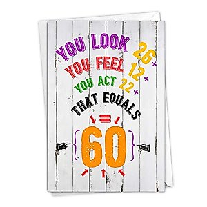 NobleWorks - 60th Milestone Birthday Card with Envelope - Fun Notecard for 60 Year Old, Stationery Congrats - Age Equation 60 C7194MBG