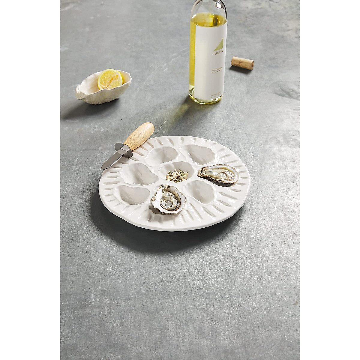 Mud Pie Circa Oyster Server with Shucker, White, Plate 10.5" | Knife 6"