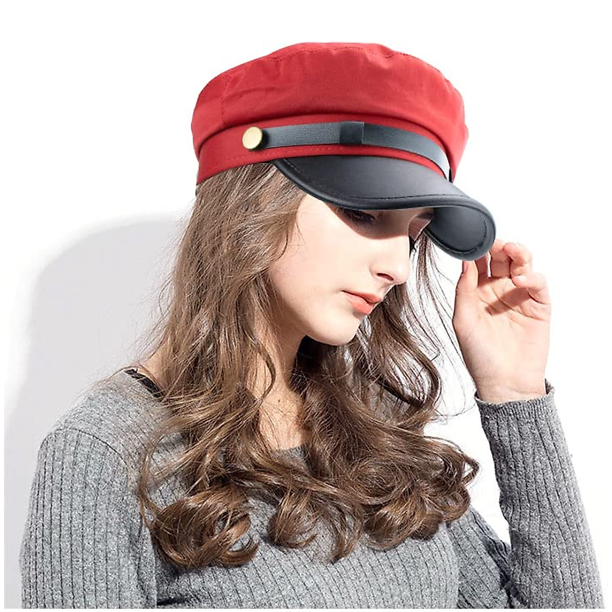 Women Classic Yacht Captain Sailor Hat Newsboy Cabbie Beret Cap (S-M) Red