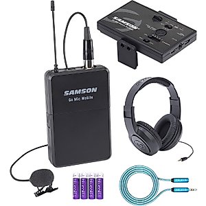 blucoil Samson Go Mic Mobile Professional Lavalier Wireless System for Mobile Video Bundle with Samson SR350 Over-Ear Stereo Headphones, 6-FT Headphone Extension Cable (3.5mm), and 4 AA Batteries