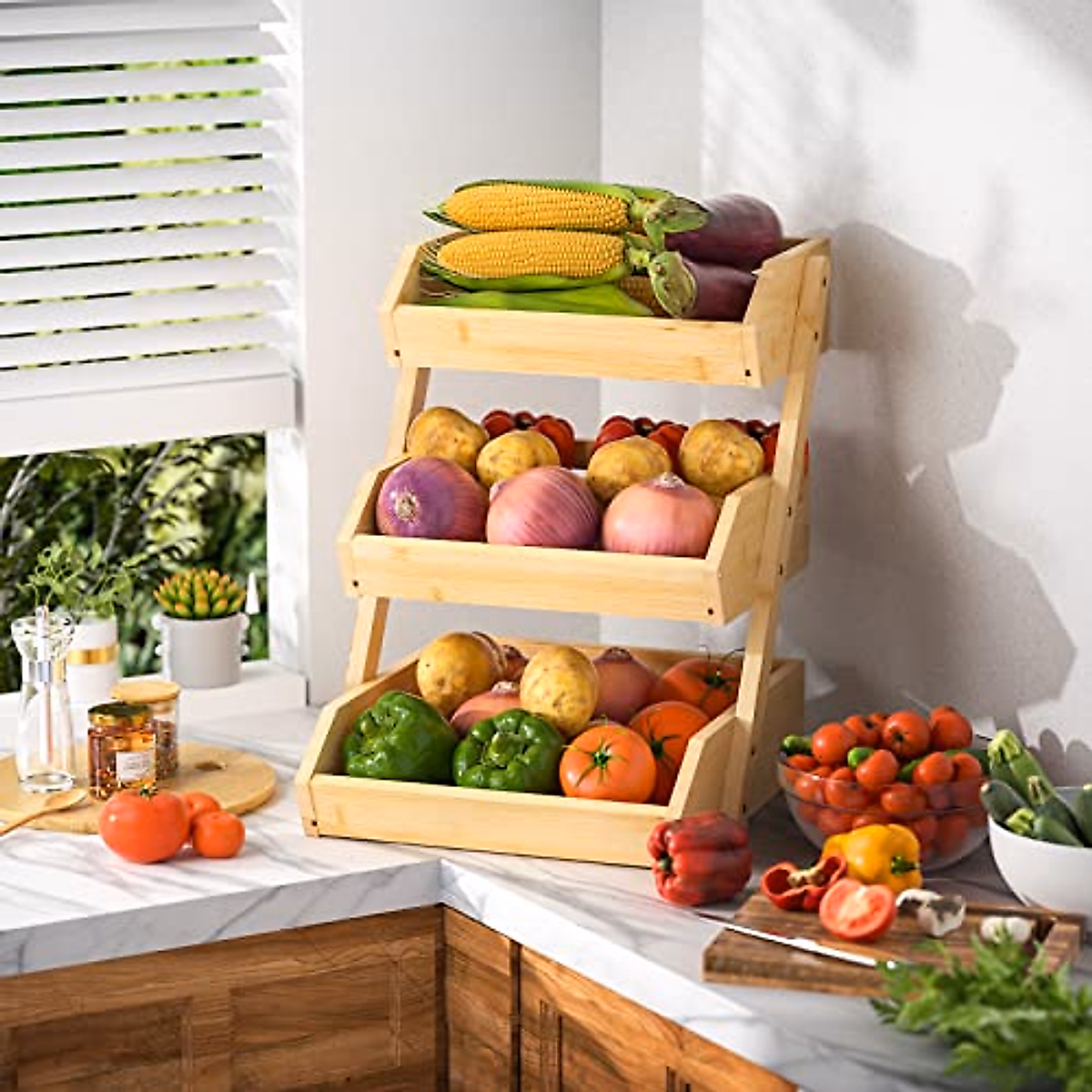 G.a HOMEFAVOR Bamboo Fruit Basket, 3 Tier Fruit Holder for Kitchen Countertop, Fruit Organizer for Kitchen Counter, Vegetable Storage Stand, 15 mm Thickness (Self-assembly)