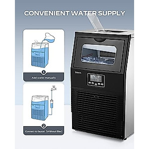 Silonn Commercial Ice Maker Machine, 90LBS/24H with 30lbs Bin, Full Heavy Duty Stainless Steel Construction, Self-Cleaning, Clear Cube for Home Bar, Include Scoop, Connection Hose