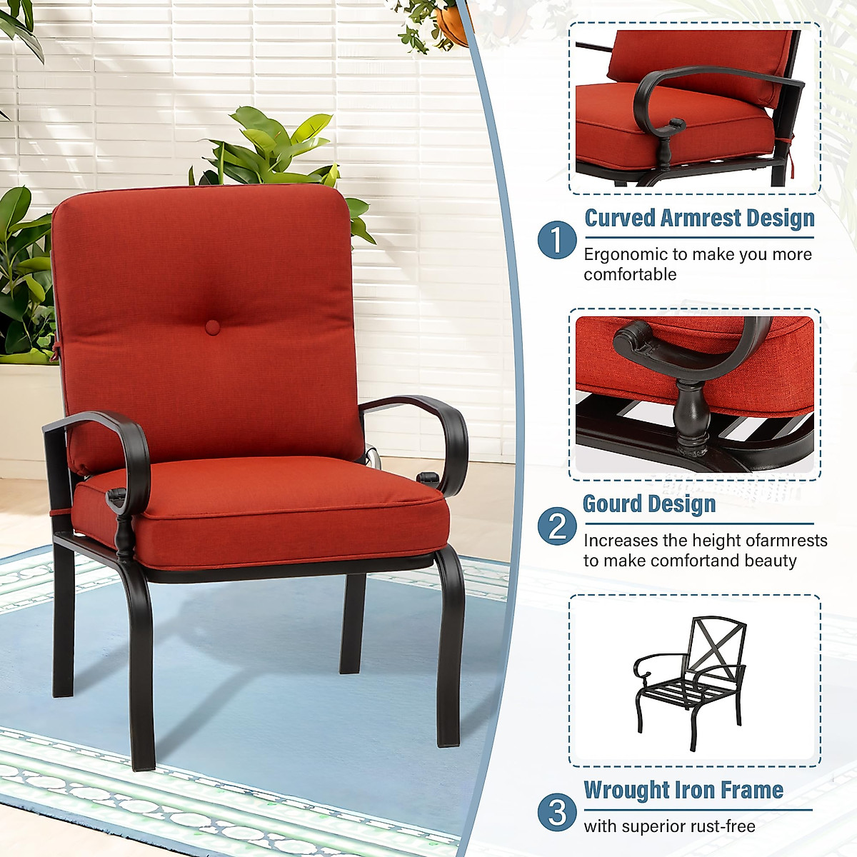 Patiomore 2 Pcs Outdoor Patio Dining Chairs Bistro Set Wrought Iron Furniture Set, All-Weather Garden Seating Chair with Red Cushions