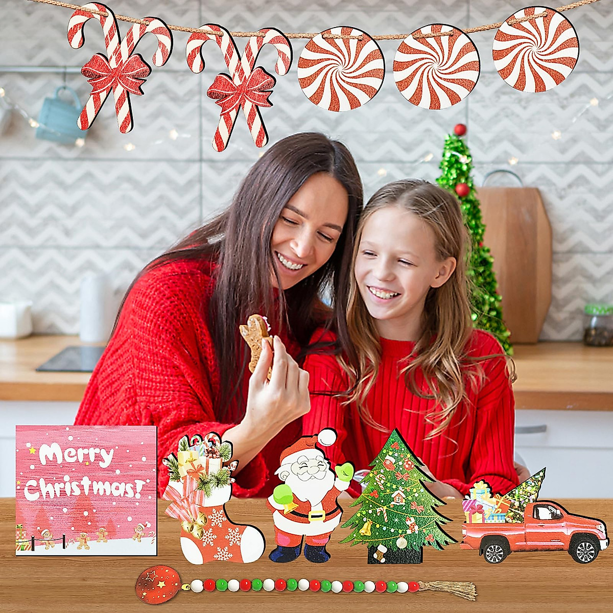 iNextstation 10 Pieces Farmhouse Tiered Tray Decor Set Dog Wooden Signs Rustic Farmhouse Decor Summer Hierarchical Tray Decorative with String Lights Tiered Tray Decorations for Home Kitchen Table