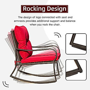 Domi Outdoor Bistro Set 3 Pieces Rocking Chairs Wicker with Curved Armrest Patio Furniture with Glass Top Coffee Table (Red Cushion)