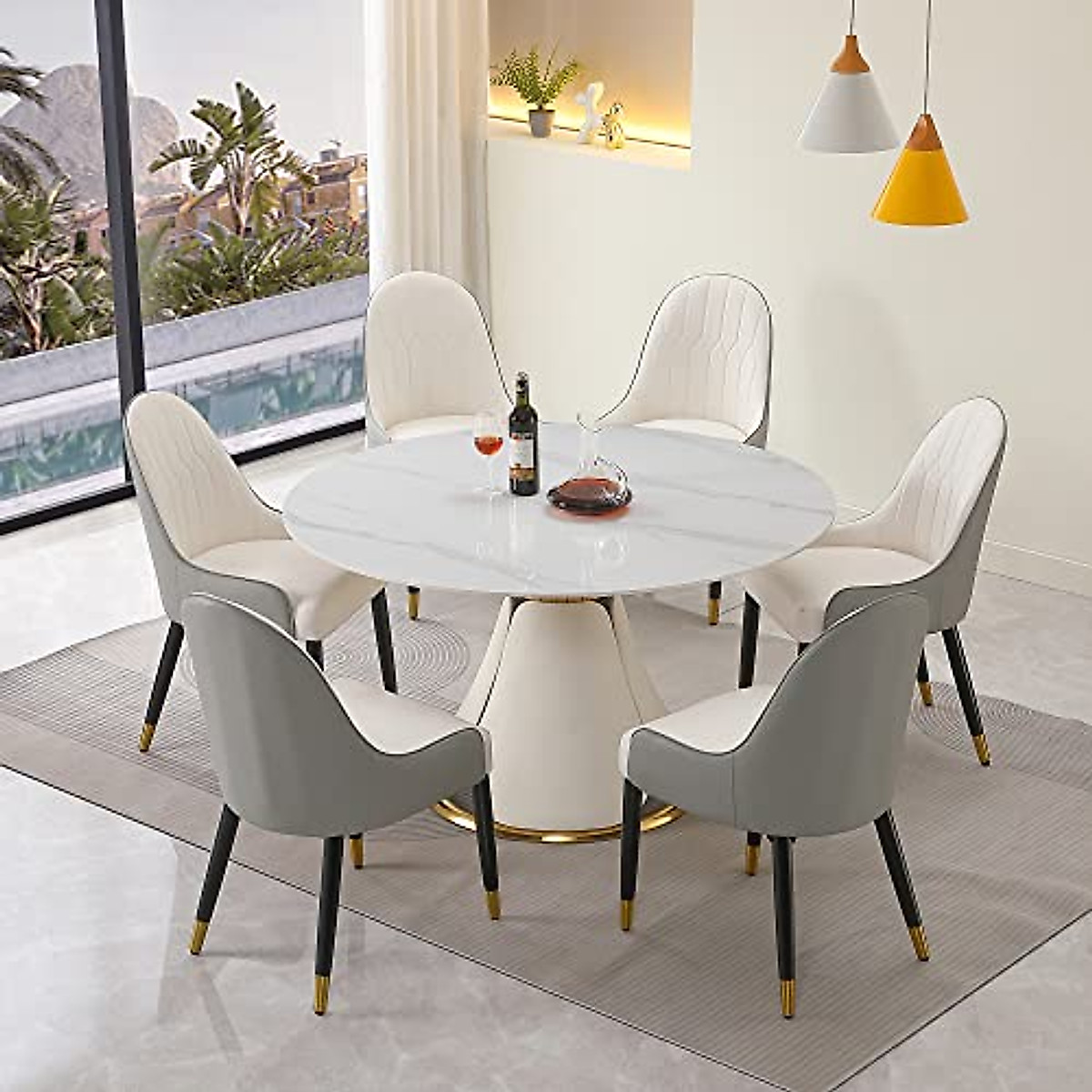 Legendstone Kitchen Dining Table, Round Marble Dining Table for 4-6, Compact Space w/53 Sintered Stone Tabletop, Lotus Shape Design & PU Leather Wrapped & Metal Base (1PC Table)