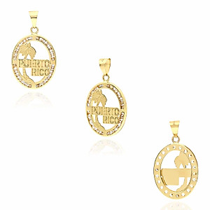 WJD Exclusives 10K Yellow Gold CZ Puerto Rico Palm Tree Oval Shape Disc Pendant, 30mm