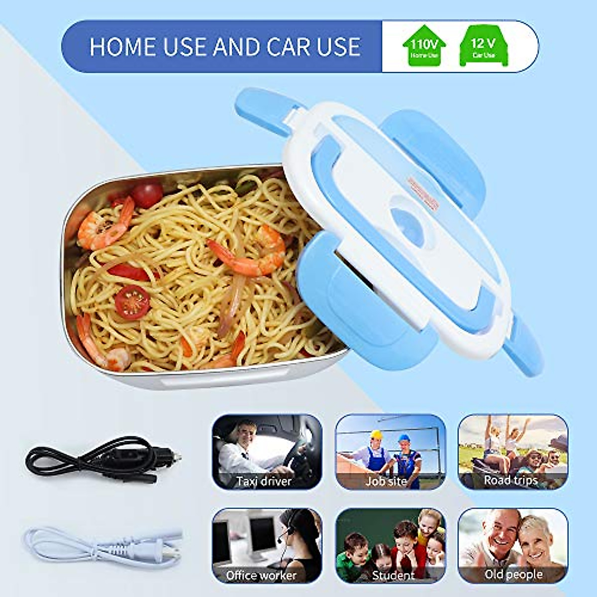 VECH Car Electric Heating Lunch Box 110V & 12V 40W 2 in1 Home Electric Thermal Lunch Box Food Heater Warmer, Stainless Steel Food Heater 1.5L for Heat Preservation, Office, School, Traveling (Blue)