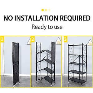 Jurbnlp 3-Tier Multipurpose Folding Shelf Storage Shelves Heavy Duty Foldable Metal Shelving Units Racks with Lockable Wheels No Assembly Required Great for Kitchen and Garage Shelf Black