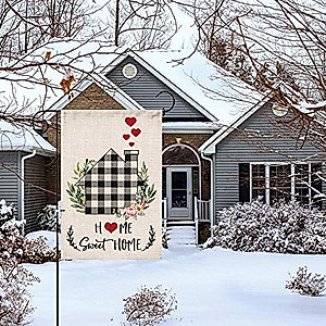 Hexagram Home Sweet Home Garden Flag, Fall Winter Vertical Double Sided Burlap Black White Buffalo Plaid Check Farmhouse Garden Flags, Spring Summer Rustic Farmhouse Yard Outdoor Decoration 12x18 Inch