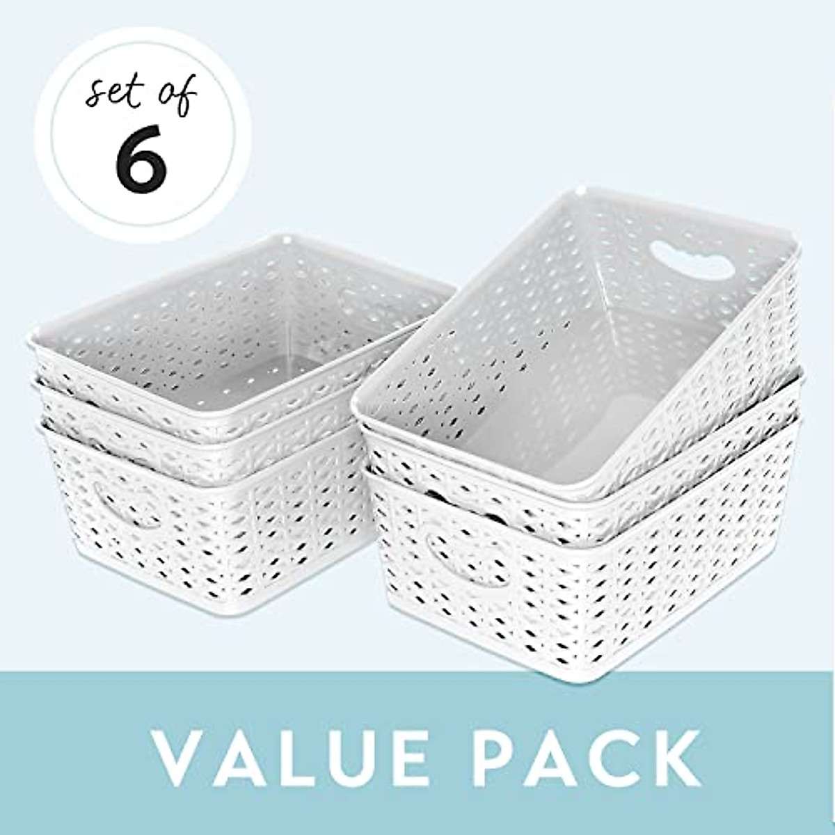 LARQUE Plastic Storage Bins, 6 Pack, 10.2 in x 7.3 in x 3.9 in - Small Weave Organization and Storage Bins, Perfect for Kitchens, Pantries, Craft Rooms Bookshelves and More