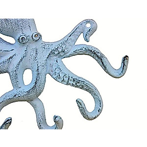 Rustic Dark Blue Whitewashed Cast Iron Octopus Hook 11 Inch - Decorative Hook - Sealife Metal Wall Hook
