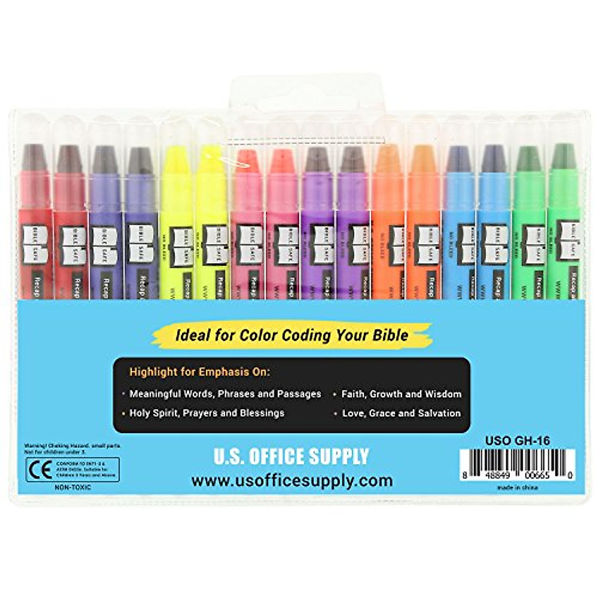 U.S. Office Supply Bible Safe Gel Highlighters, Pack of 16 - 2 Sets of 8 Bright Neon Fluorescent Highlight Colors Yellow, Orange, Pink, Purple, Green, Blue - Won't Bleed, Fade or Smear - Study Guide