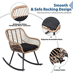 JOIVI 2 Piece Patio Wicker Rocking Chairs, Outdoor Rattan Rocking Chairs Set with Cushions, Front Porch Rocker with Iron Frame, Patio Lawn Garden Furniture