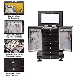 MTFY Jewelry Armoires Cabinet Stand, Large Capacity Storage Stand Organizer, 6 Drawers Freestanding Wooden Jewelry Cabinet with Flip up Mirror, Velvet Lining for Bedroom & Living Room