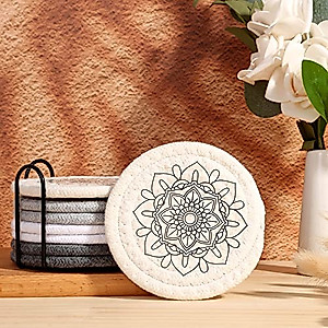 8 Pieces Coasters for Drink Absorbent, Billbotk Mandala Drink Coasters with Holder, Woven Coasters Set for Coffee Table, Wooden Table and Home Decor, 4.3 Inches
