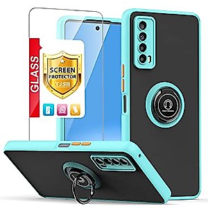 TJS for TCL Stylus 5G 2022 Case, with Tempered Glass Screen Protector, Metal Ring Kickstand Magnetic Support Drop Protective Phone Case Cover (Light Blue)