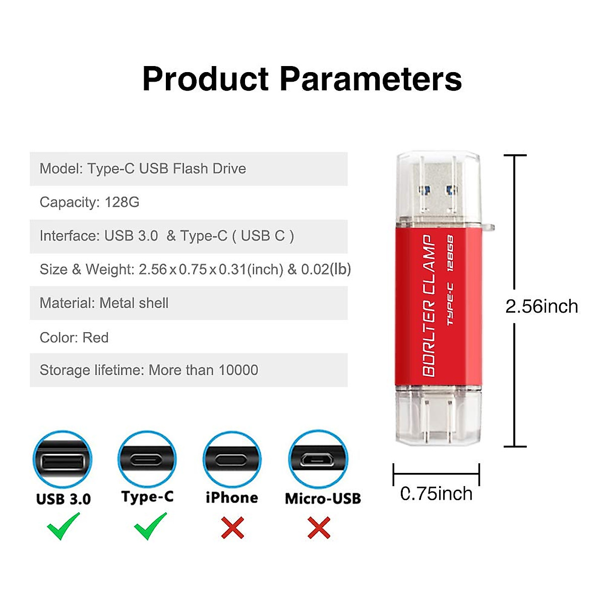 128GB USB Type-C Flash Drive 3.0 Dual Drive, BorlterClamp USB C Memory Stick OTG Thumb Drives for Android Smartphones Samsung Galaxy S10/S9/S8/Note 9, LG, Google Pixel, PC (Red)