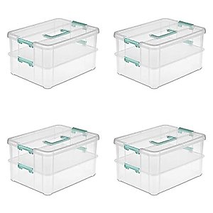 Sterilite Stack & Carry 2 Layer Box Small Storage, Clear, Pack of 4