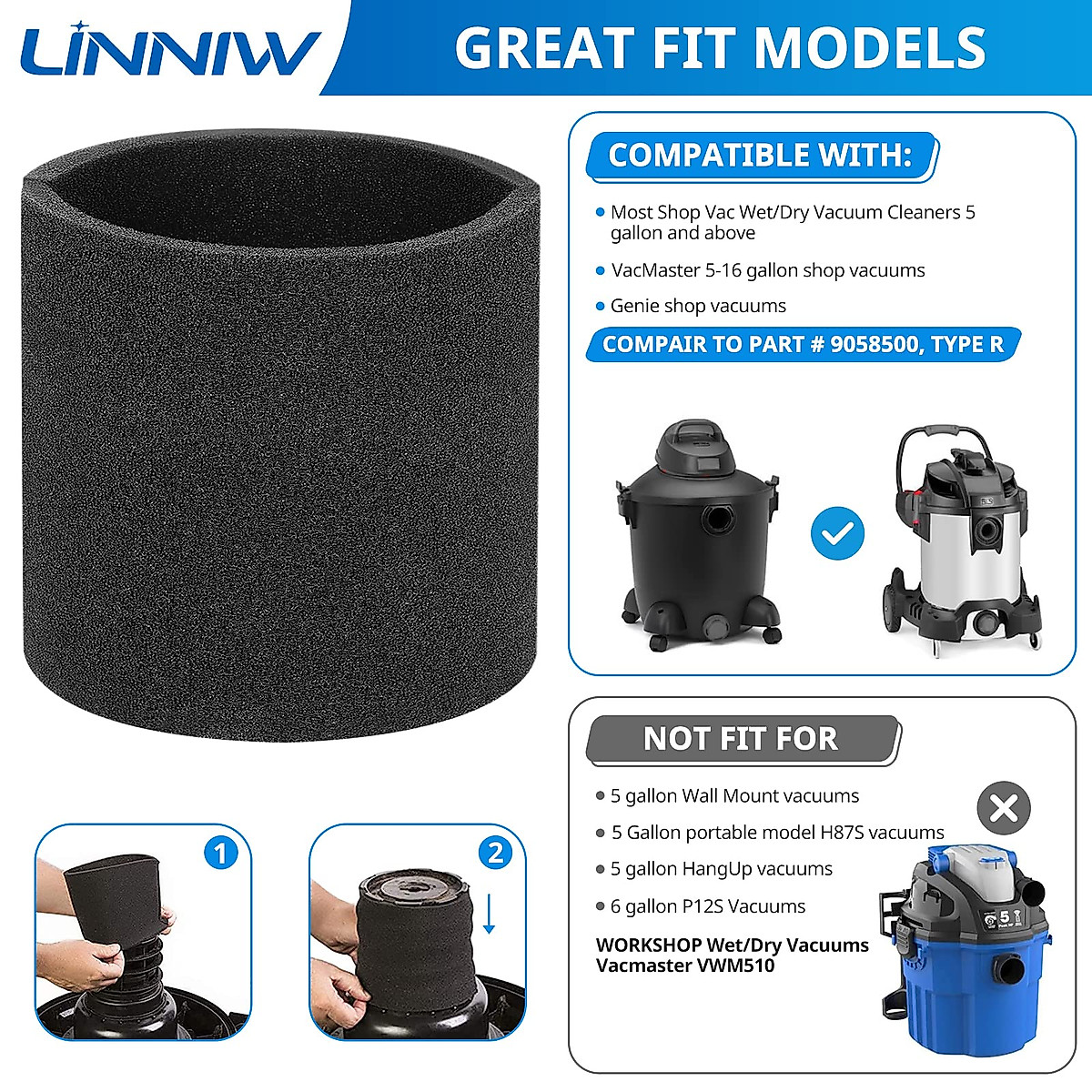 3 Pack 90585 Foam Sleeve VF2001 Foam Replacements Filters Compatible with Most Shop-Vac Wet/Dry Vacuum Cleaners 5 Gallon and Above, Vacmaster & Genie Shop Vacuum Cleaner, Replace Parts # 9058500