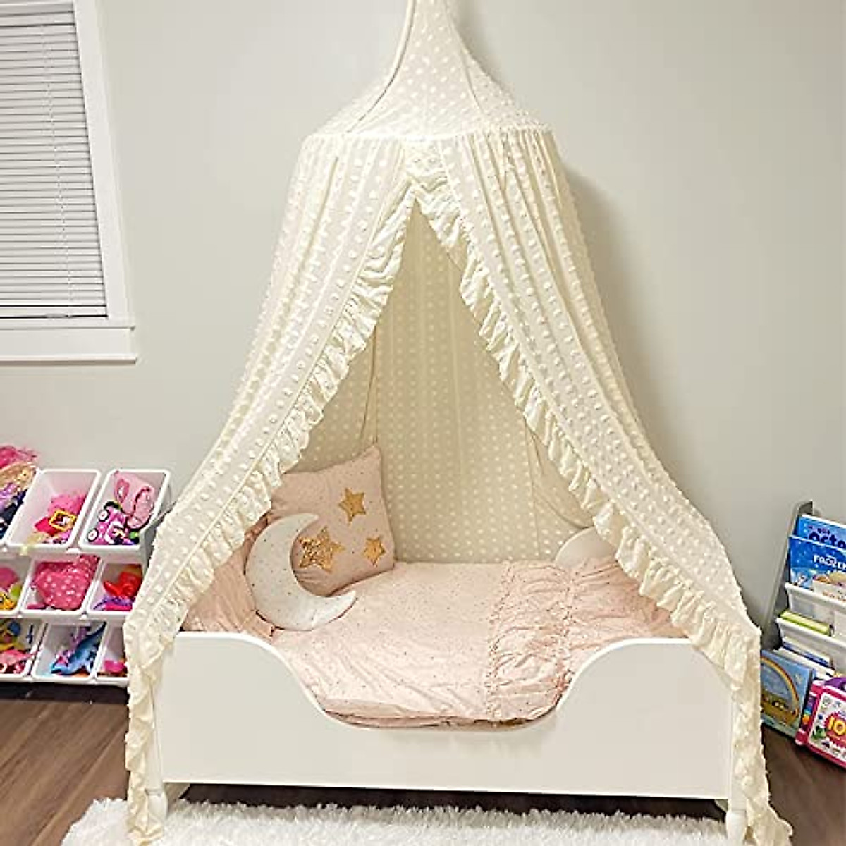 Kids Bed Canopy for Girls, Beige Crib Canopy Princess Hanging Children Canopy Tent, Toddler Girl Canopy Bed Netting for Baby Room Bedroom Reading Nook, Macrame Lace Boho Nursery Canopy with Pom Pom