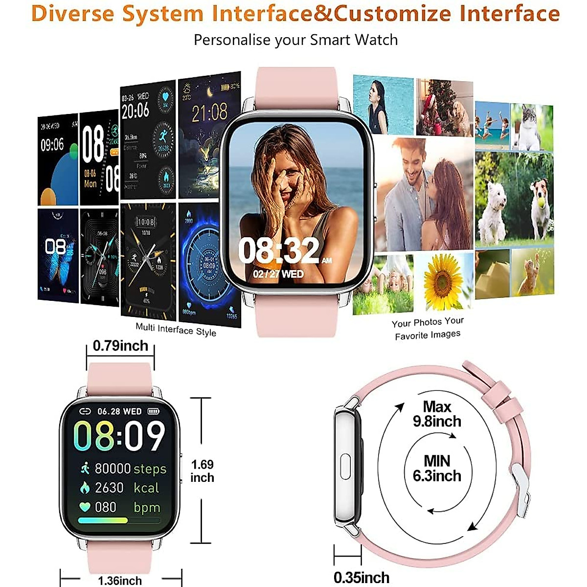 MuGo Smart Watch for Women, Fitness Watch 1.69" Touch Screen Smartwatch, Pedometer Watch with Heart Rate and Sleep Monitor, IP67 Waterproof Fit Watch, Activity Tracker Watch for iOS and Android Pink