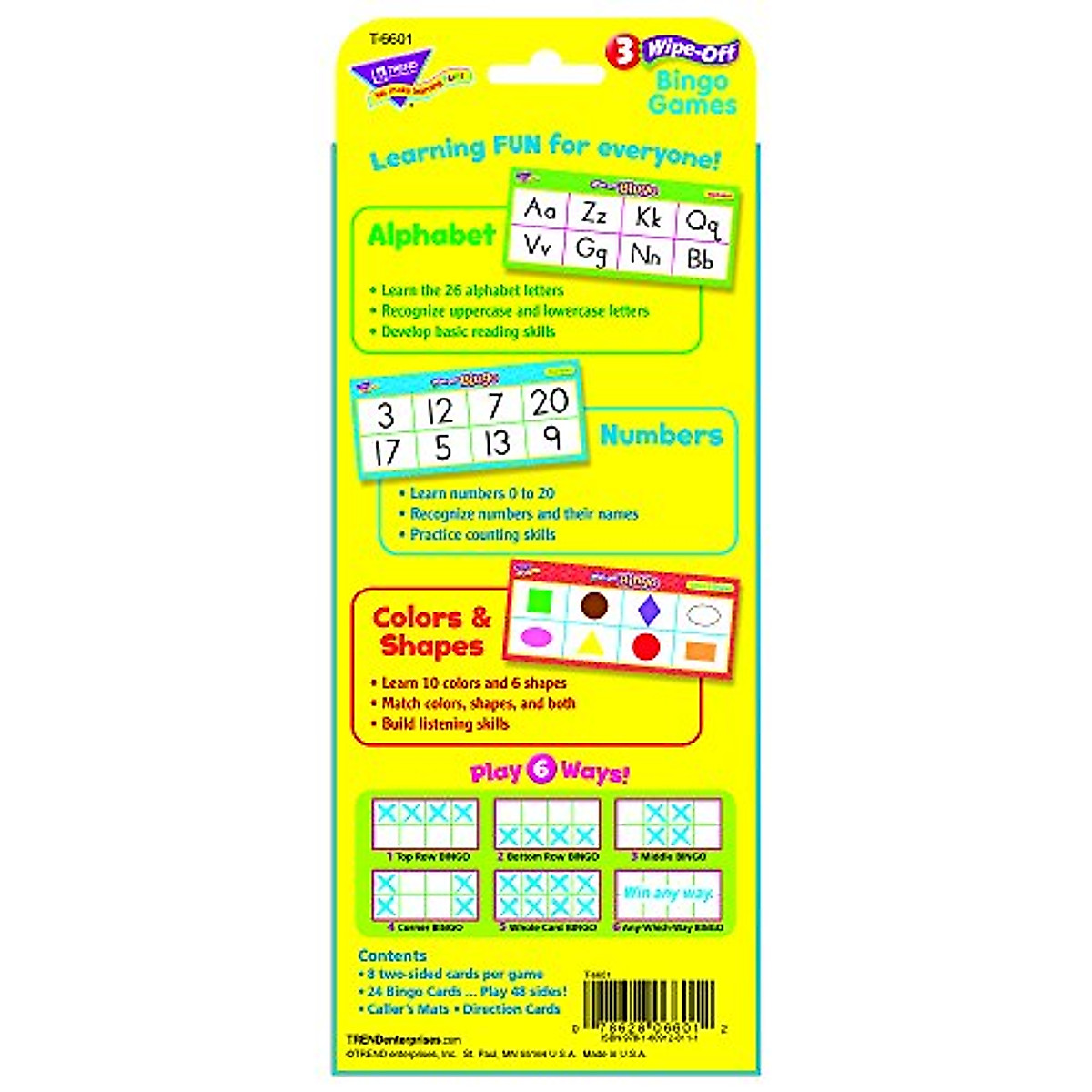 TREND ENTERPRISES, INC. Alphabet, Numbers, Colors & Shapes Wipe-Off Bingo (T-6601)