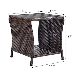 Outdoor Patio Side Table Small Brown Wicker Rattan End Table for Outside Storage Coffee Table with Poly Lumber Table Top for Garden Lawn Pool Porch Deck
