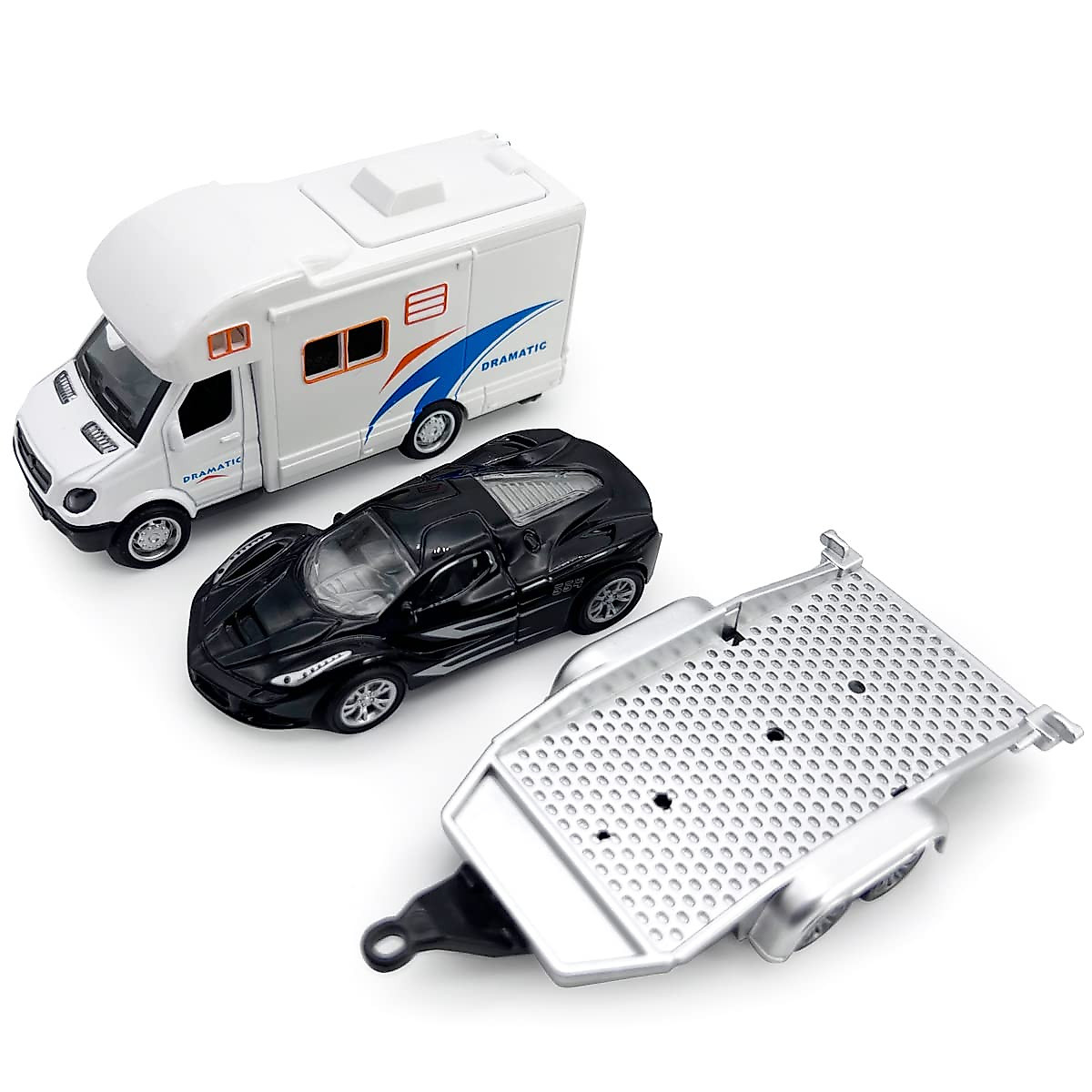 Toy Camper RV Trailer Towing Supercar Sports Model Car Diecast Motorhome Toys for Boys Pull Back Toy Cars, Beach Sandbox Outdoor Adventure Play Set, 3 4 5 6 Years Old Kids Toddlers Gifts, White
