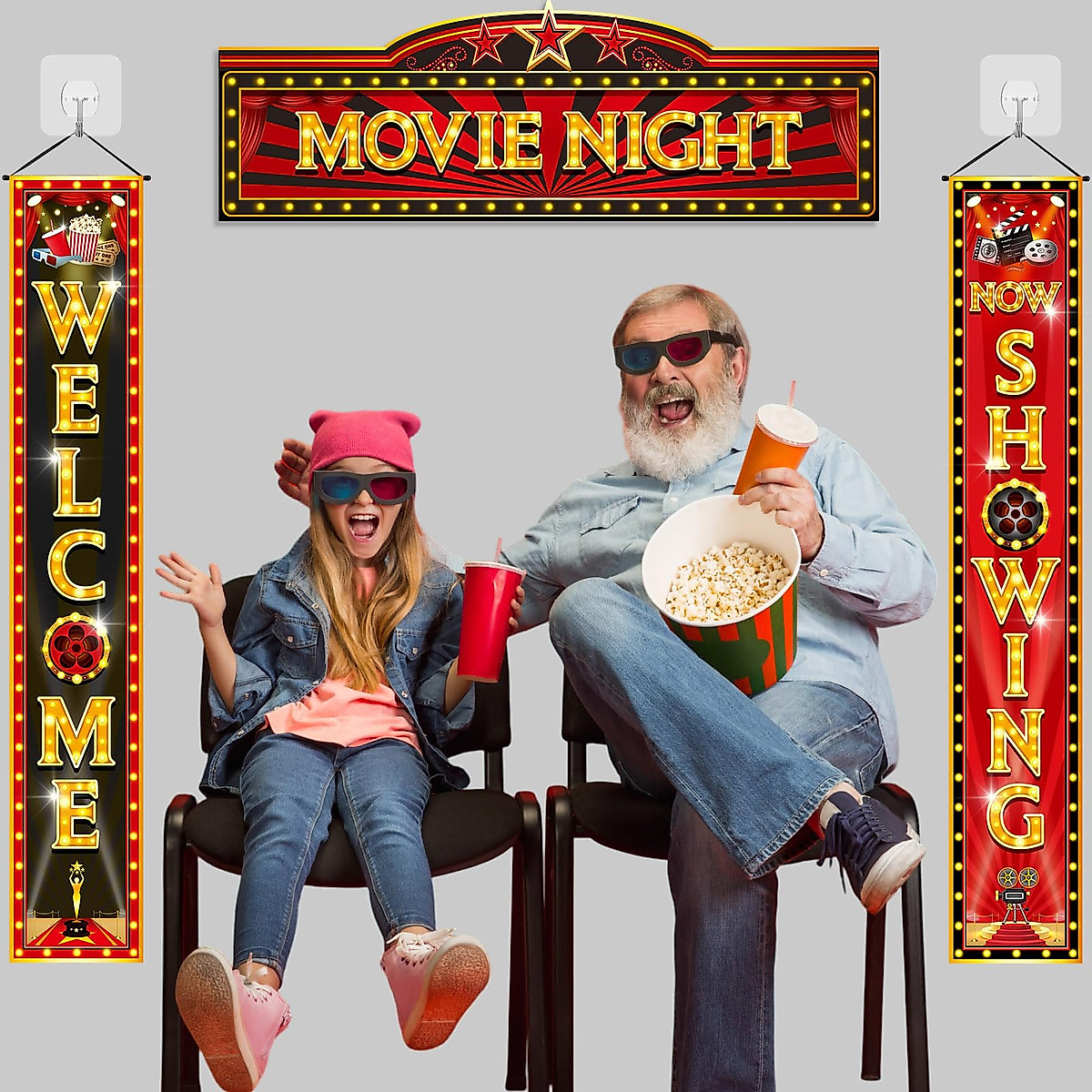 Funnymoom 3 Pcs Movie Night Porch Banner Decorations Movie Theme Party Hanging Banner Welcome Now Showing Sign Door Banner for Movie Theater Photography Background Party Supplies