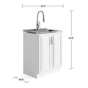 SIMPLIHOME Darwin Contemporary 28 Inch Deluxe Laundry Cabinet with Pull-out Faucet and Stainless Steel Sink in White, For the Laundry Room and Utility Room