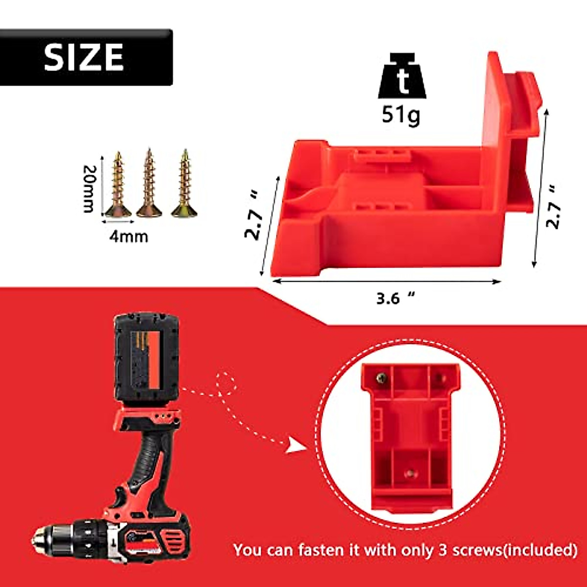 5 Pack Tool Mount for Milwaukee 18V Drill; Battery Holder for Milwaukee M18 Battery MOUNT/Hanger/Dock Holder Fit for 48-11-1820 48-11-1850 48-11-1860 Battery, also for Dewalt 18V Battery and 20V Tool