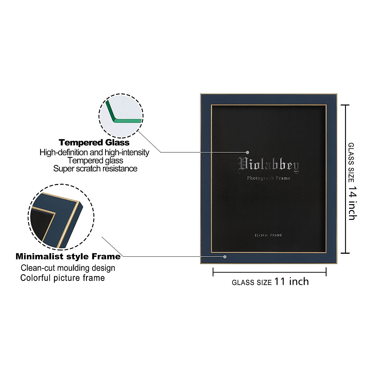 VIOLABBEY 11x14 Picture Frame Navy Blue Set of 2, Modern Style 11 by 14 Photo Frame, High Definition Tempered Real Glass, Wall or Tabletop Display