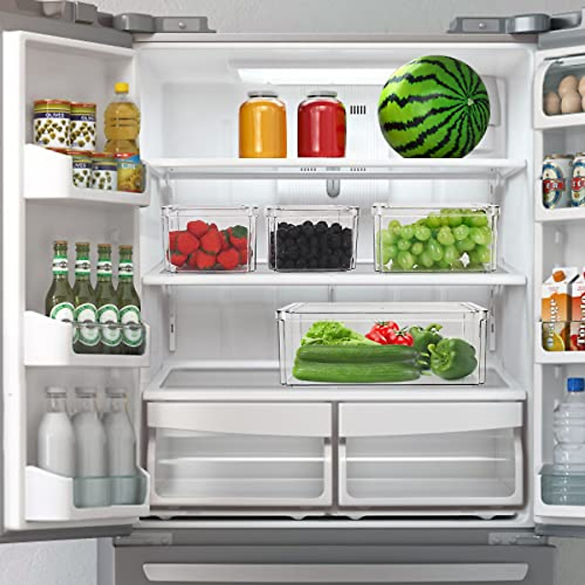 AZFUNN Fridge Organizer with Lids, Fruit and Vegetable Storage Containers for Fridge, Set Of 4 Refrigerator Organizer Bins Storage Clear Containers for Kitchen, Food, Drinks, BPA-Free, Stackable