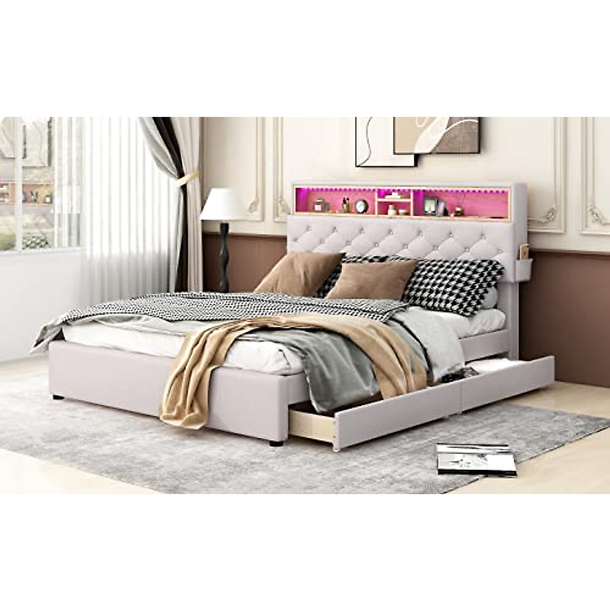 Queen Size Upholstered Platform Bed Frame for Boys Girls Kids Toddler with Storage Headboard, LED, USB Charging and 2 Drawers, Beige